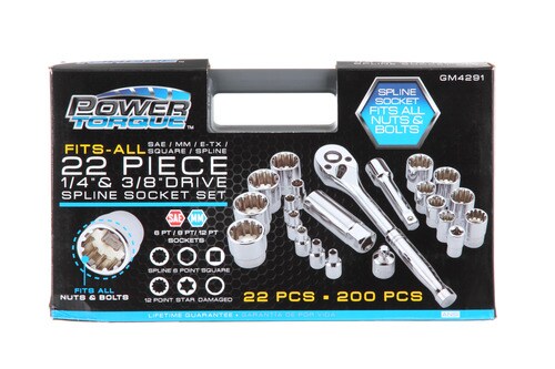 Power Torque 22 Piece 1/4, 3/8 Inch Drive 22 Point SAE, Metric Spline